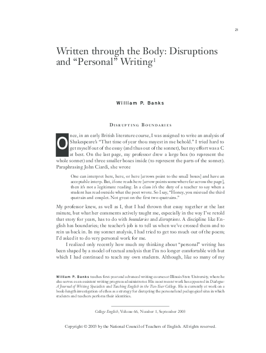(PDF) Written through the Body: Disruptions and “Personal” Writing