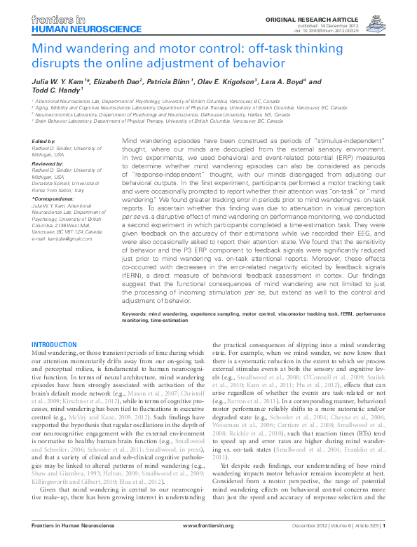 (PDF) Mind wandering and motor control: off-task thinking disrupts the ...