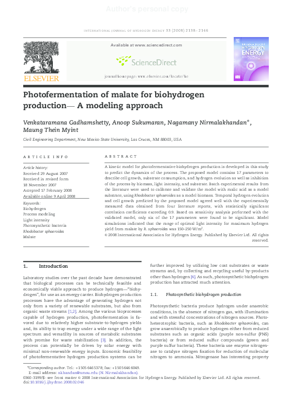 (PDF) Photofermentation of malate for biohydrogen production— A ...