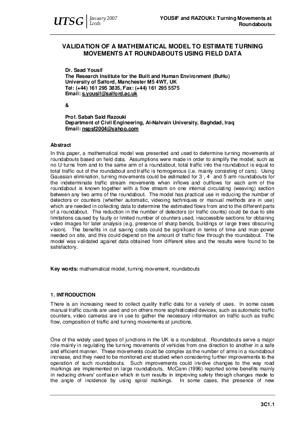 (PDF) Validation of a mathematical model to estimate turning movements as roundabouts using ...