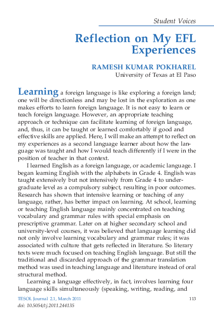 (PDF) Reflection on My ESL/EFL Experiences.....
