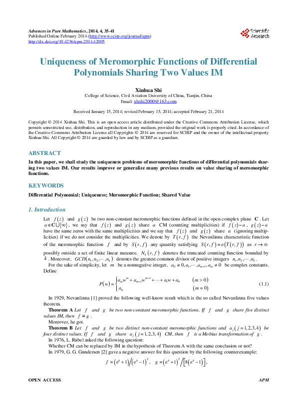 Pdf Uniqueness Of Meromorphic Functions Of Differential Polynomials Sharing Two Values Im