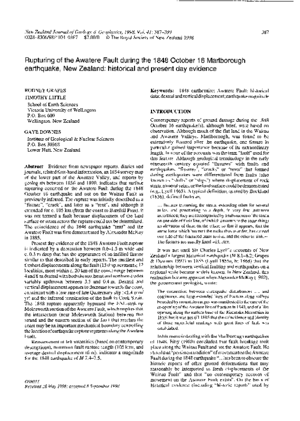 (PDF) Rupturing of the Awatere Fault during the 1848 October 16 ...