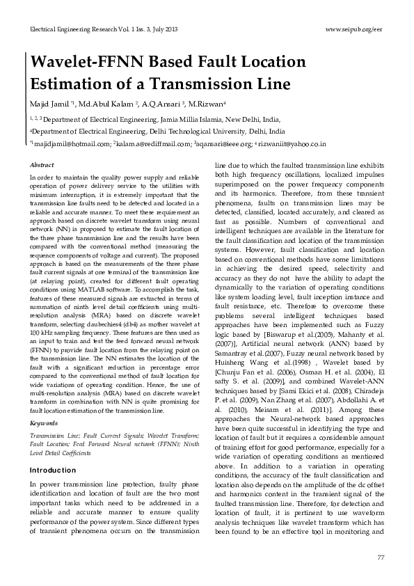 (PDF) Wavelet-FFNN Based Fault Location Estimation of a Transmission Line