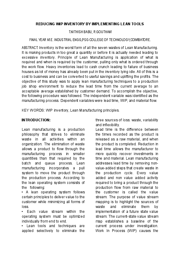 (DOC) REDUCING WIP INVENTORY BY IMPLEMENTING LEAN TOOLS