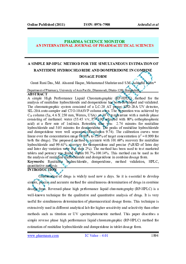 Pdf A Simple Rp Hplc Method For The Simultaneous Estimation Of