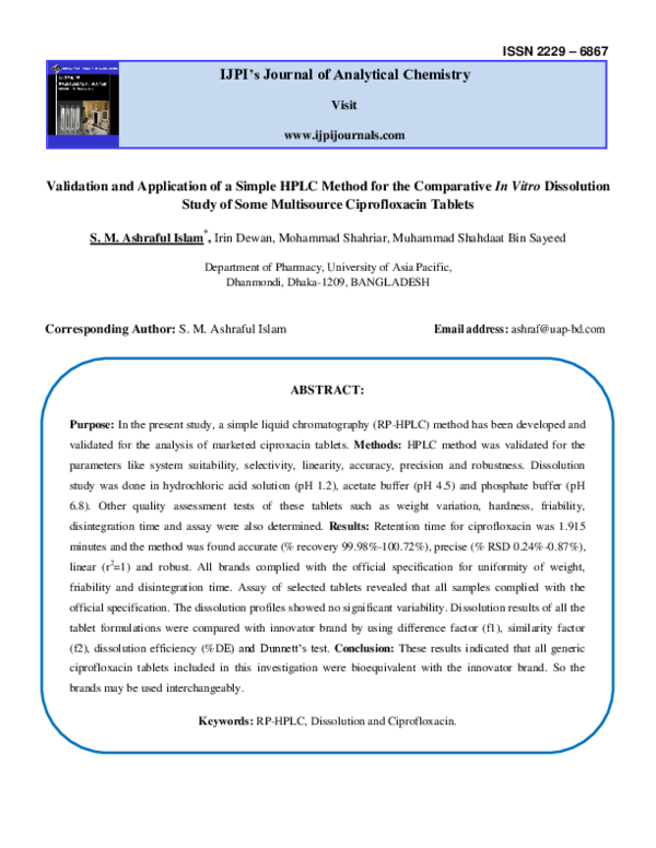 (PDF) Validation and Application of a Simple HPLC Method for the ...