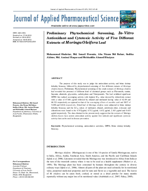 (PDF) Preliminary Phytochemical Screening, In-Vitro Antioxidant and Cytotoxic Activity of Five ...