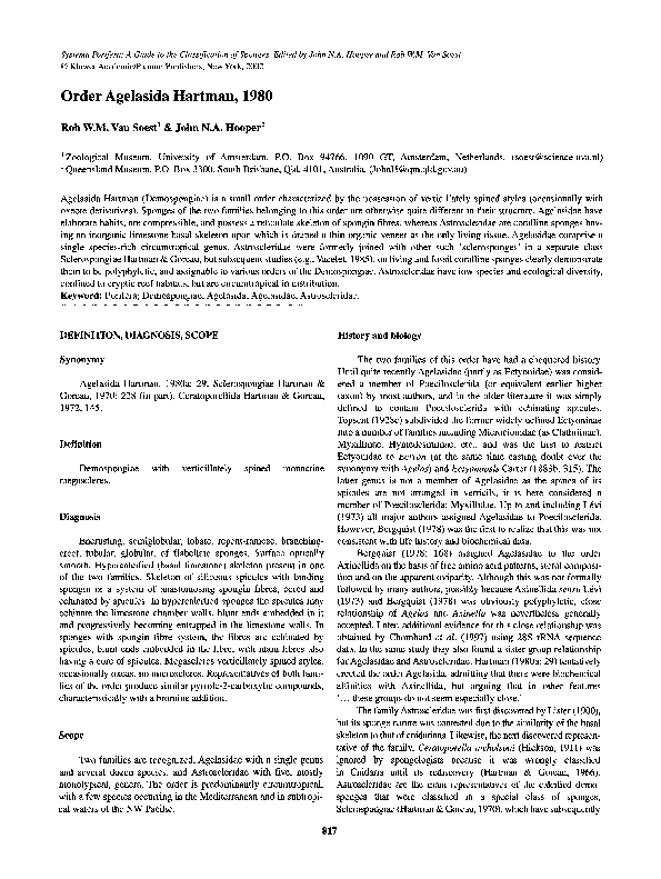 (PDF) Order Agelasida Hartman, 1980. In: Systema Porifera. A Guide to ...