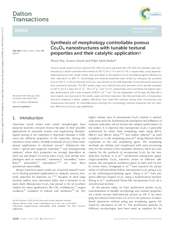(PDF) Synthesis of morphology controllable porous Co3O4 nanostructures with tunable textural ...