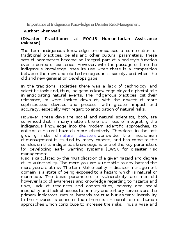 (DOC) Importance of indigenous knowledge in disaster risk management