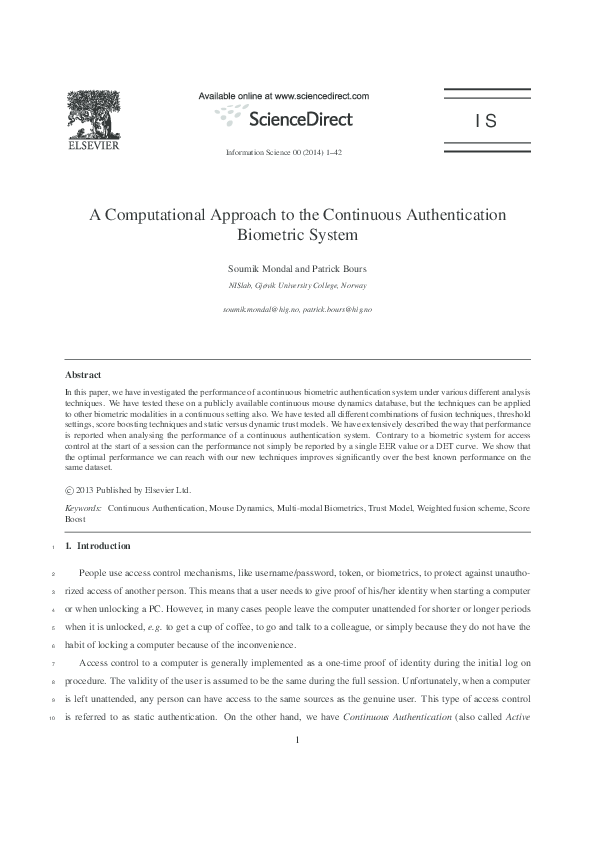 Pdf A Computational Approach To The Continuous Authentication Biometric System