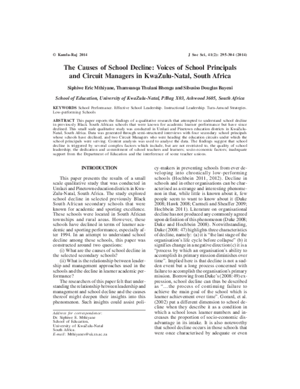(PDF) The Causes of School Decline: Voices of School Principals and ...