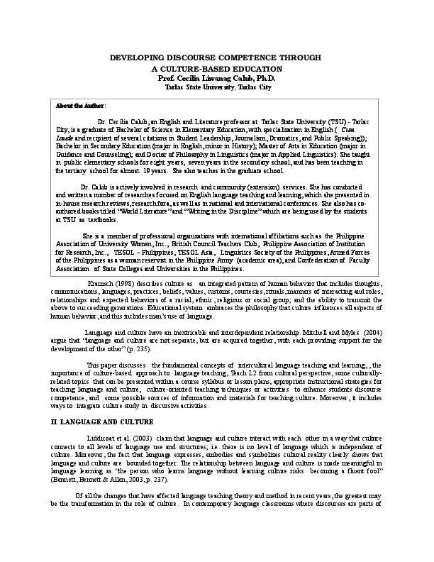 (DOC) DEVELOPING DISCOURSE COMPETENCE THROUGH A CULTURE-BASED EDUCATION