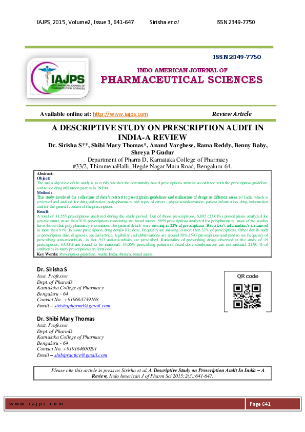 (PDF) A DESCRIPTIVE STUDY ON PRESCRIPTION AUDIT IN INDIA-A REVIEW Dr ...