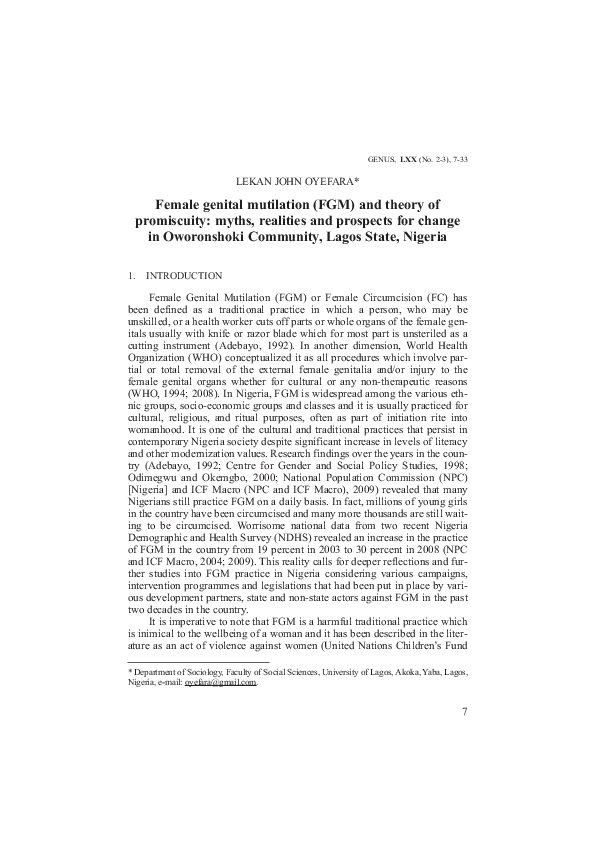 Pdf Female Genital Mutilation Fgm And Theory Of Promiscuity Myths