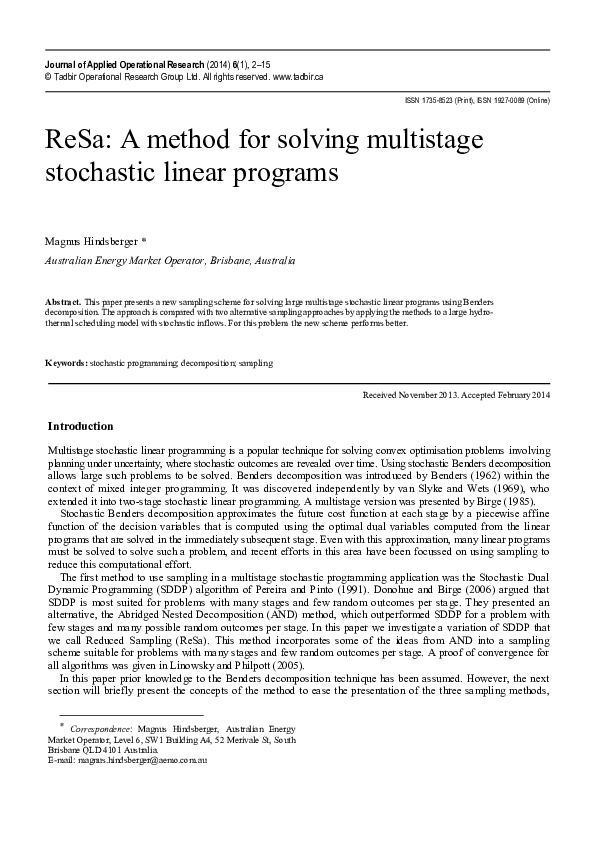 (PDF) ReSa: A method for solving multistage stochastic linear programs