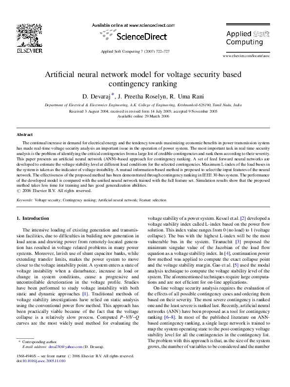 Pdf Artificial Neural Network Model For Voltage Security Based