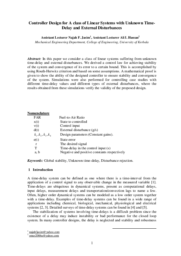 (PDF) Controller Design for A class of Linear Systems with Unknown Time-