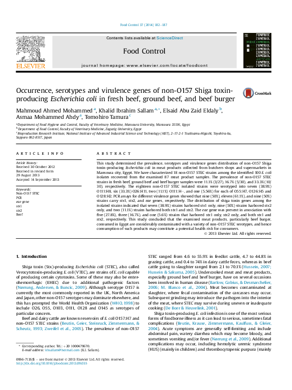 Pdf Occurrence Serotypes And Virulence Genes Of Non O157 Shiga Toxin Producing Escherichia Coli
