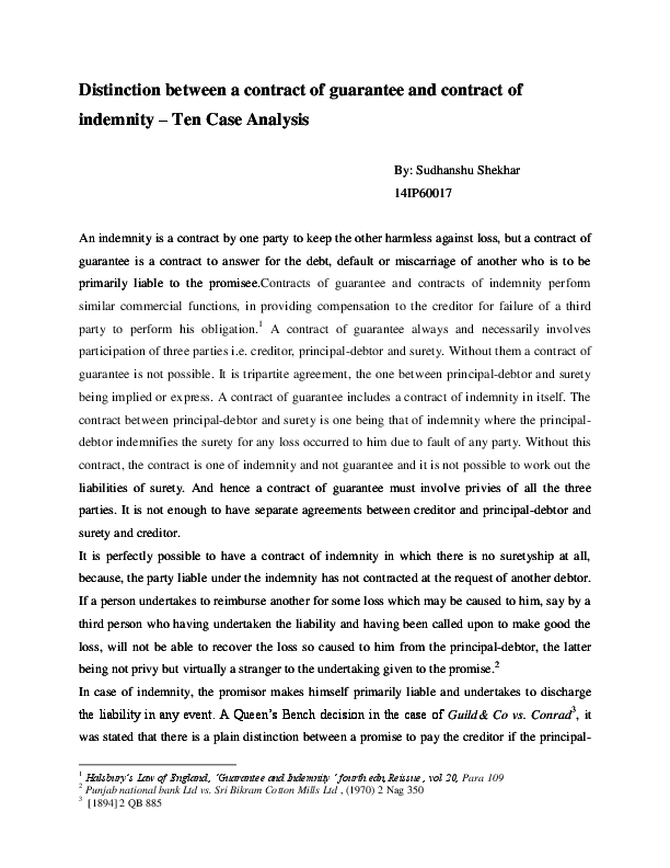 (PDF) Difference between Contract of Indemnity and Contract of ...