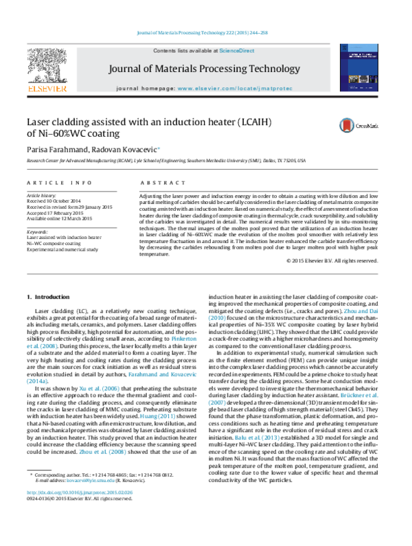 (PDF) Laser cladding assisted with an induction heater (LCAIH) of Ni–60%WC coating
