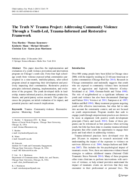 (PDF) The Truth N' Trauma Project: Addressing Community Violence ...