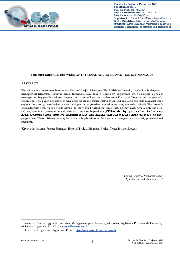 (PDF) THE DIFFERENCES BETWEEN AN INTERNAL AND EXTERNAL PROJECT MANAGER