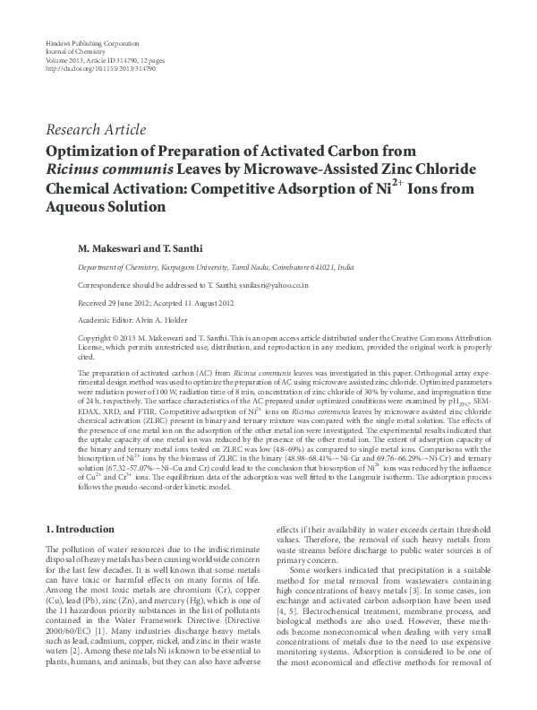 (PDF) Optimization of preparation of activated carbon from Ricinus communis leaves by microwave ...
