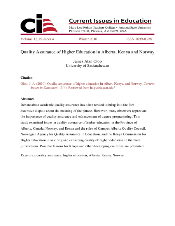 (PDF) Oloo, James A. (2010). Quality assurance of higher education in ...