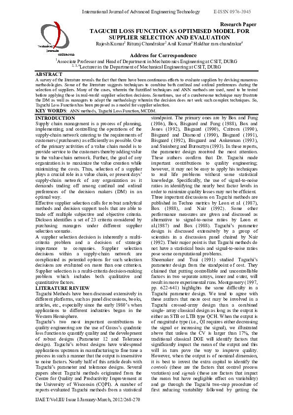 Pdf Taguchi Loss Function As Optimised Model For Supplier Selection And Evaluation