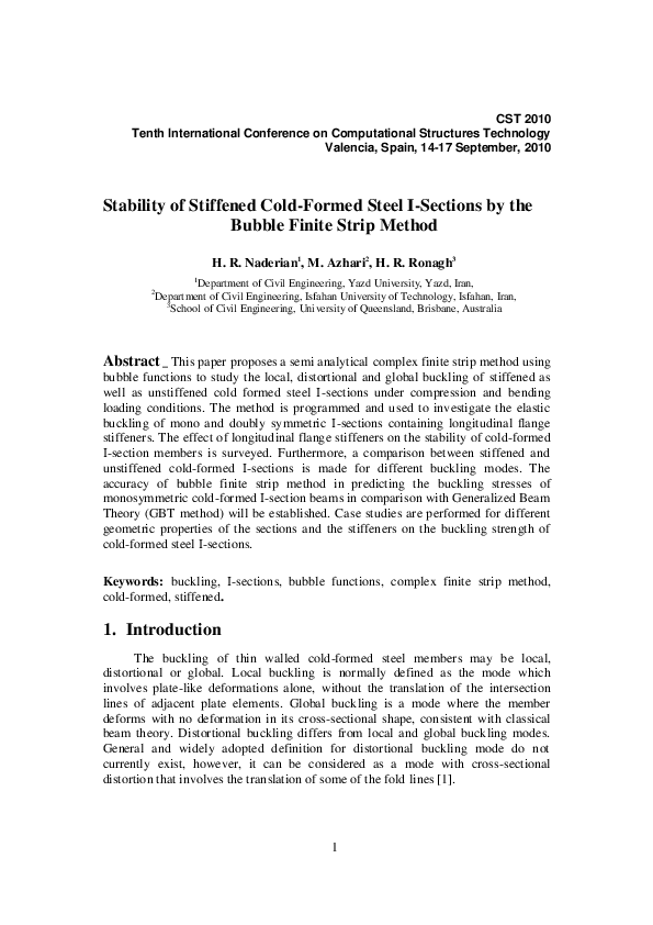 (PDF) Stability of Stiffened Cold-Formed Steel I-Sections by the Bubble Finite Strip Method ...