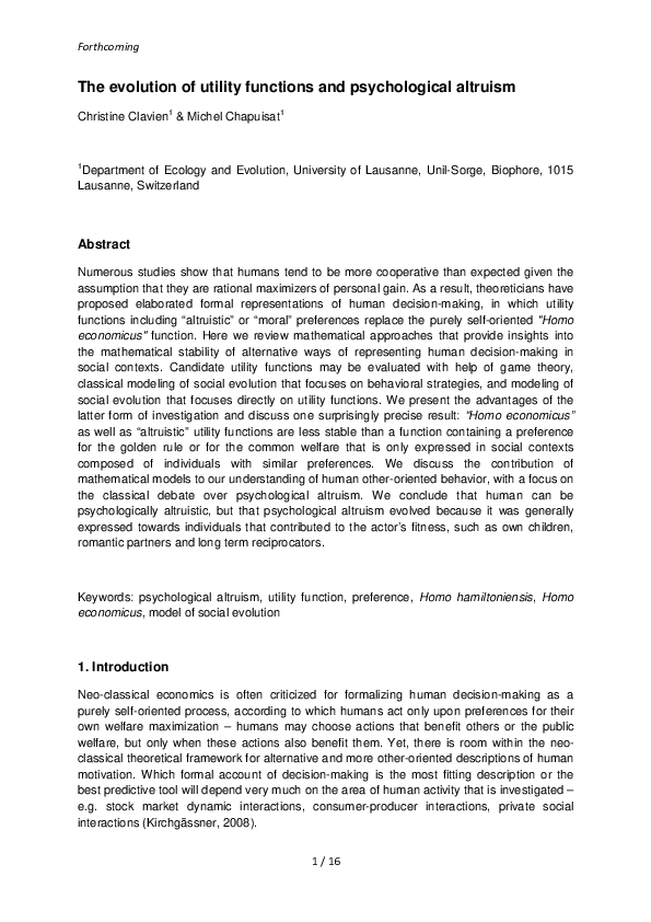 (PDF) The evolution of utility functions and psychological altruism
