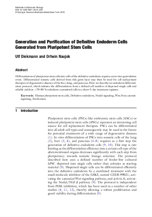 (PDF) Generation and Purification of Definitive Endoderm Cells Generated from Pluripotent Stem Cells