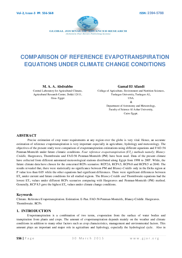 (PDF) COMPARISON OF REFERENCE EVAPOTRANSPIRATION EQUATIONS UNDER CLIMATE CHANGE CONDITIONS