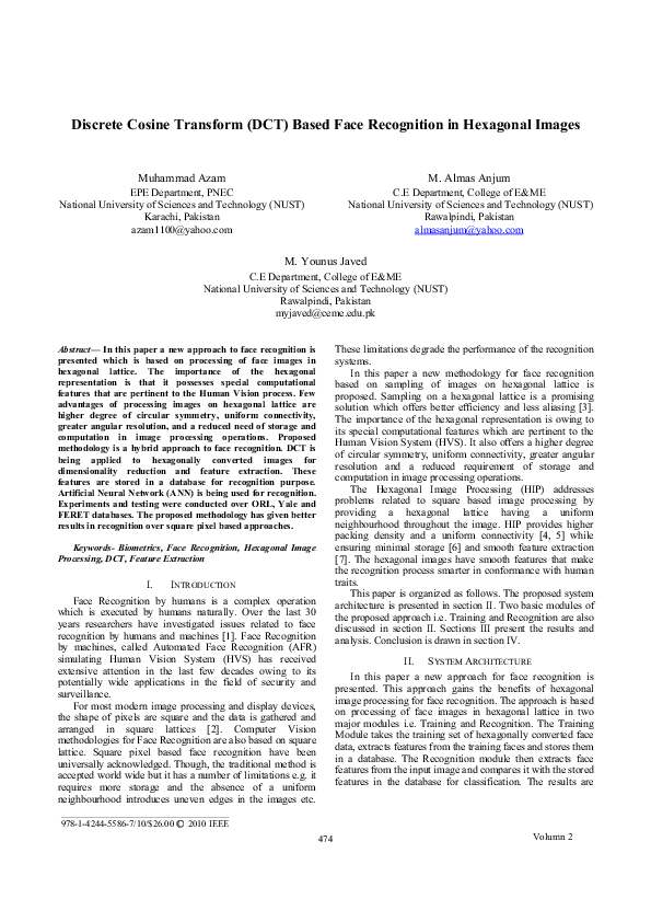 Pdf Discrete Cosine Transform Dct Based Face Recognition In Hexagonal Images