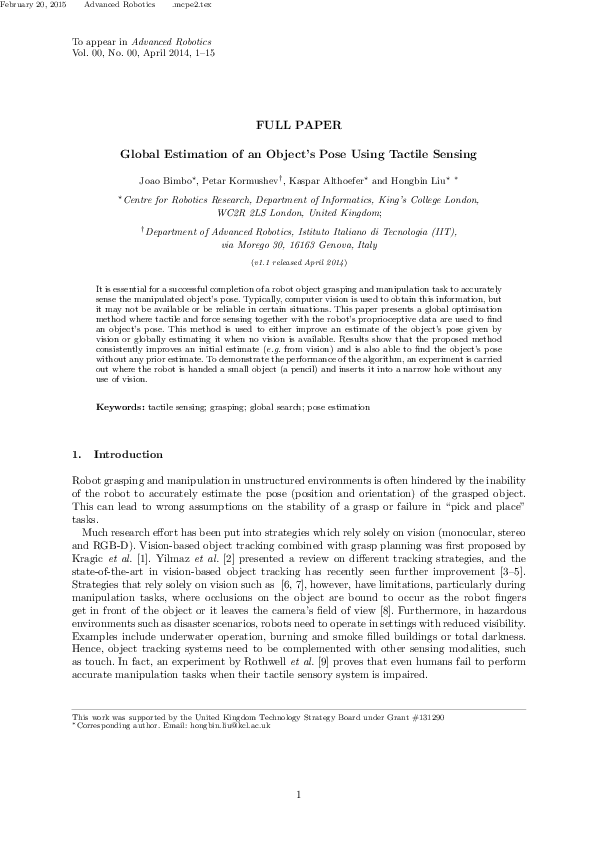 Pdf Global Estimation Of An Objects Pose Using Tactile Sensing