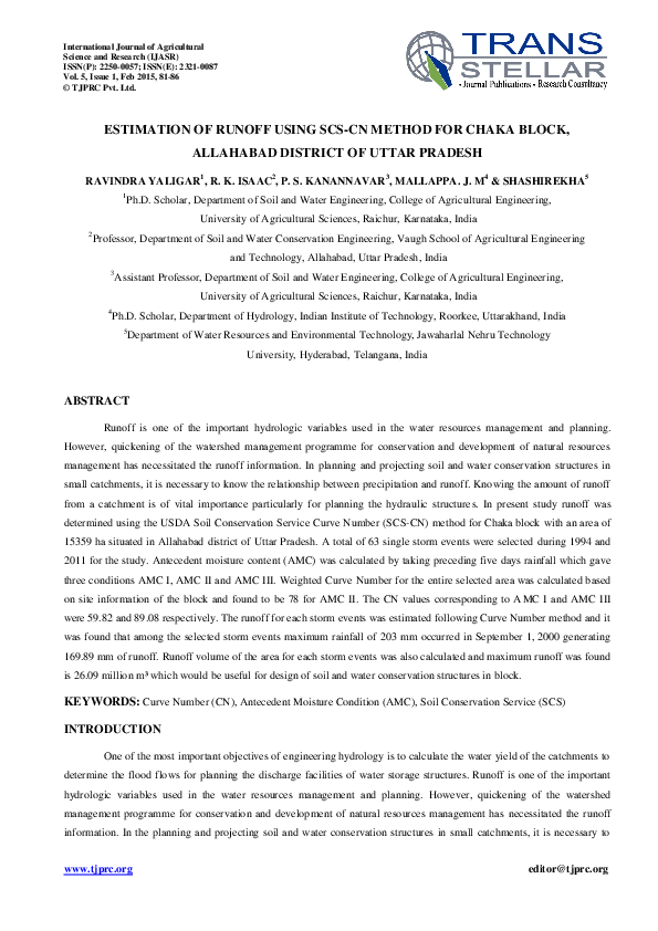 (PDF) ESTIMATION OF RUNOFF USING SCS-CN METHOD FOR CHAKA BLOCK ...