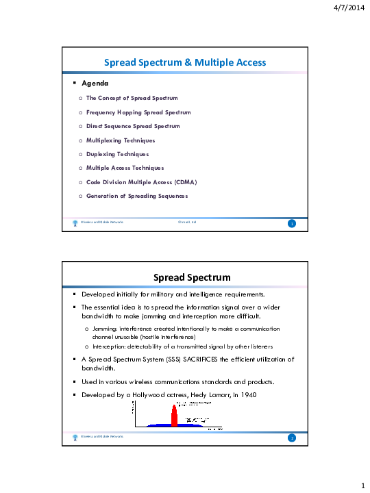 (PDF) Wireless & Mobile Networks - 5. Spread Spectrum and Multiple Access