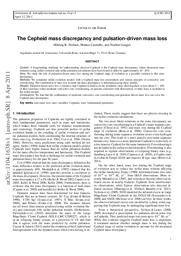 (PDF) The Cepheid mass discrepancy and pulsation-driven mass loss