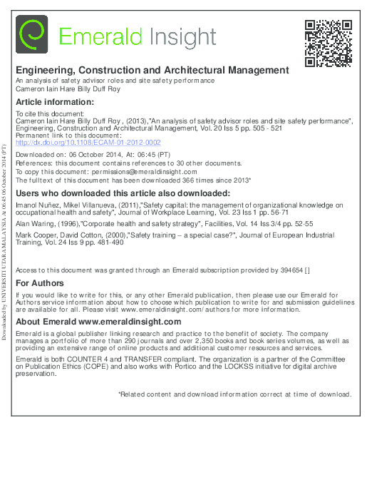 (PDF) An analysis of safety advisor roles and site safety performance