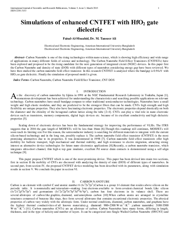(PDF) Simulations of enhanced CNTFET with HfO2 gate dielectric