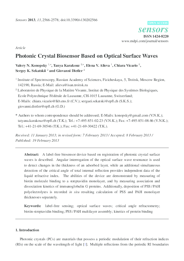 (PDF) Photonic crystal biosensor based on optical surface waves