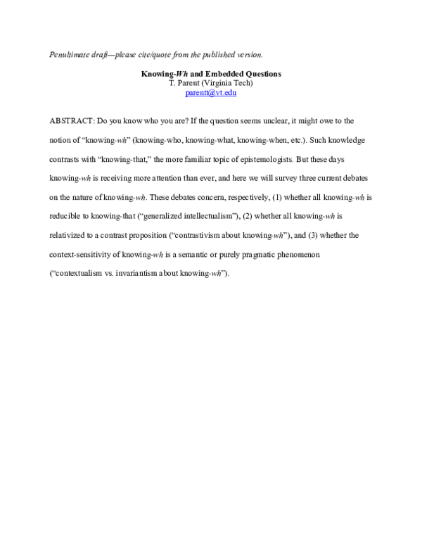 Knowing-Wh and Embedded Questions [Philosophy Compass] | Ted Parent ...