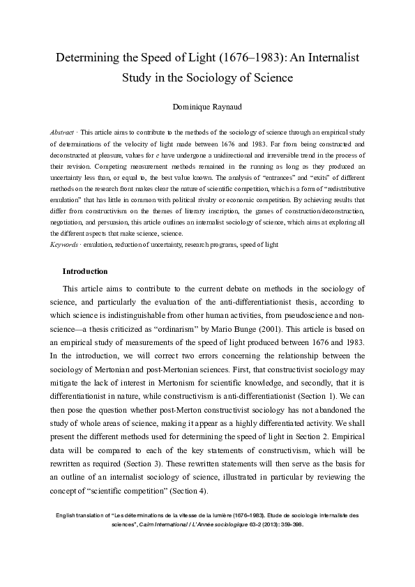 (PDF) Determining the Speed of Light (1676–1983): An Internalist Study ...