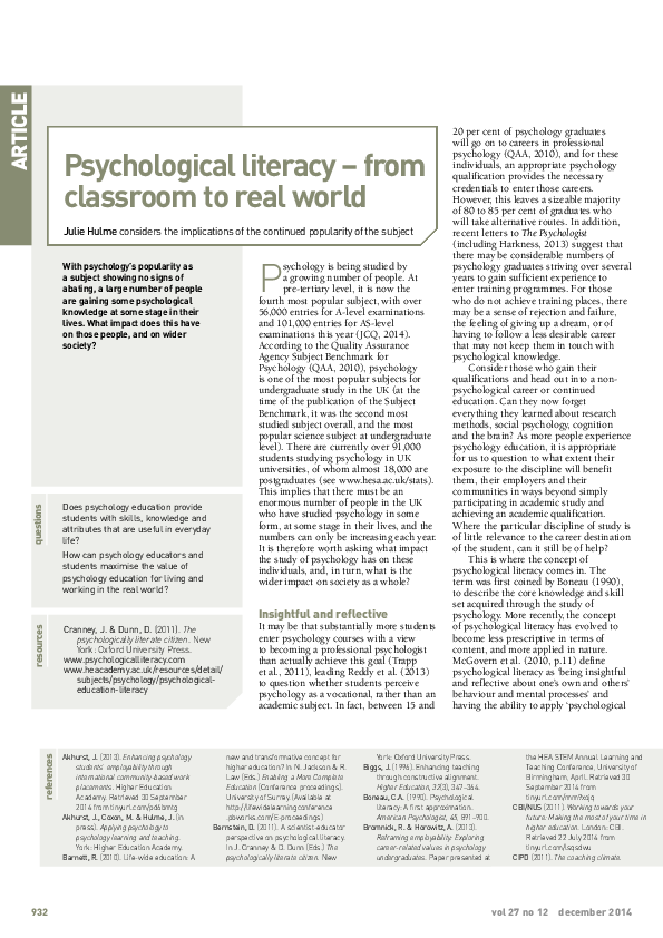 (PDF) Psychological literacy: from classroom to real world
