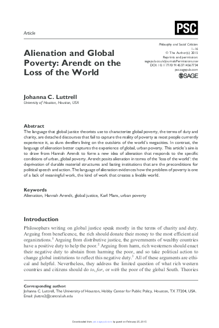 (PDF) Alienation and Global Poverty: Arendt on the Loss of the World