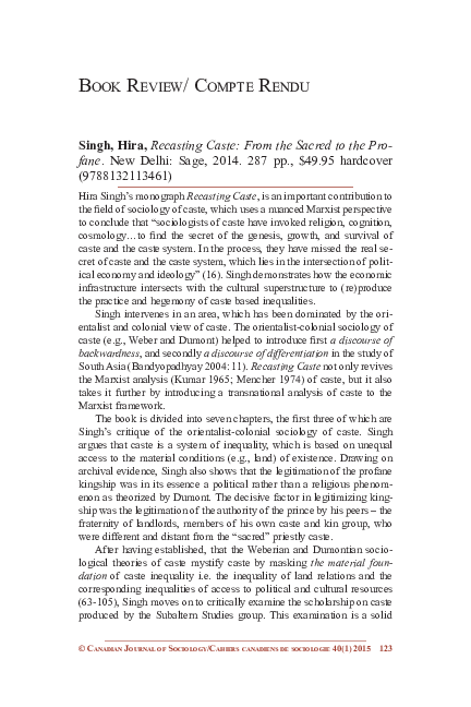 (PDF) Book Review of Recasting Caste: From the Sacred to the Profane