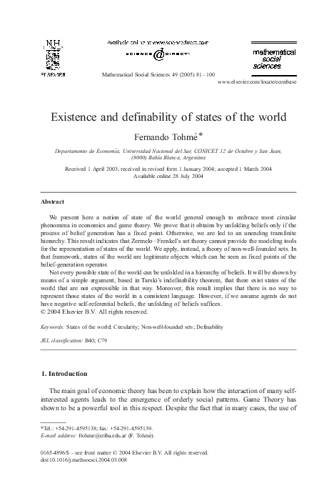(PDF) Existence and Definability of States of the World