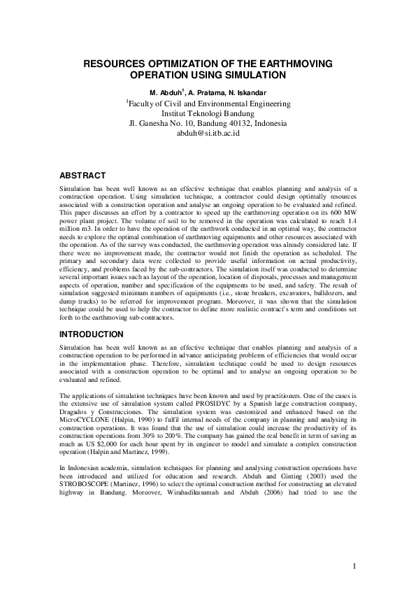 (PDF) Resources Optimization of the Earthmoving Operation Using Simulation